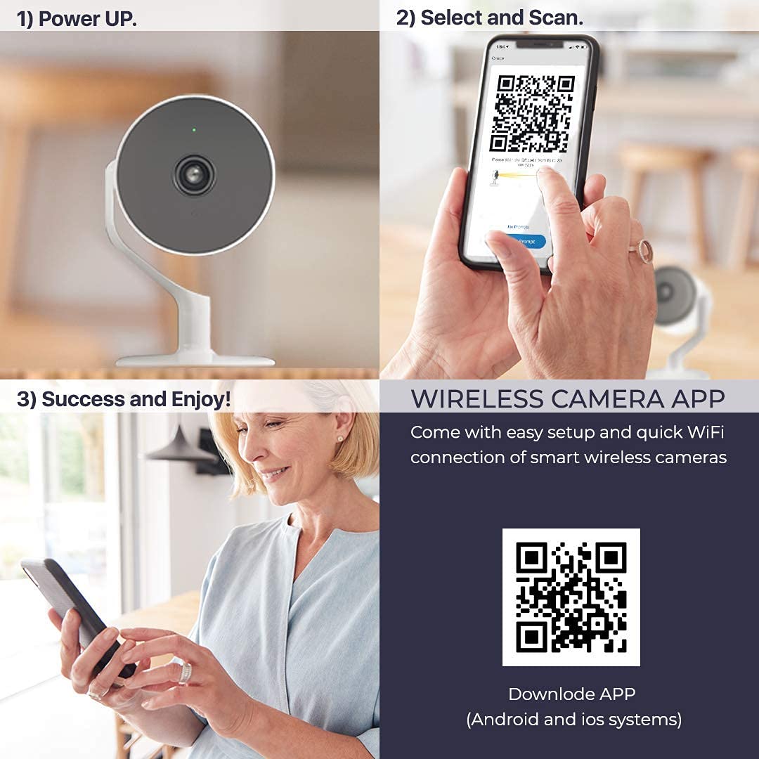 eco4life 2pack Smart IP Camera 1080P HD Resolution WiFi, Night Vision Motion Detection and Push Notification 2way Audio 24/7 Monitoring Security White Color Mini Size