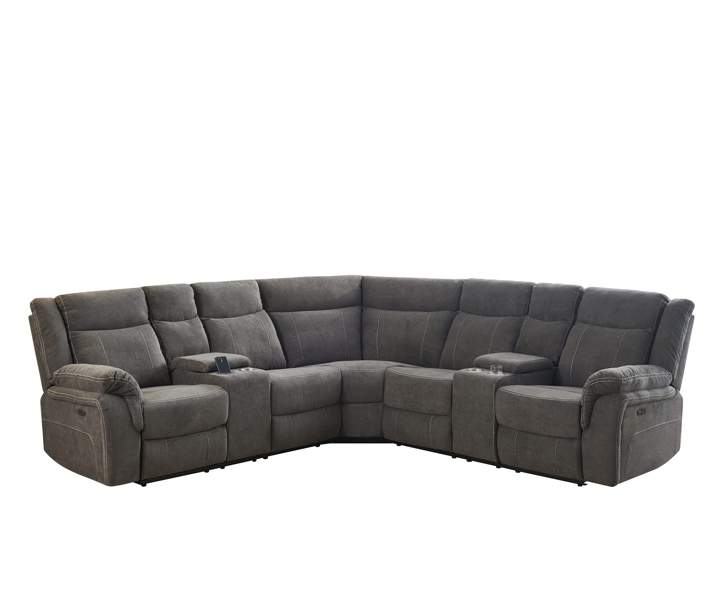 Elountik Modern Fabric Upholstered Power Reclining Sectional Couch with 2 Power Recliners, 2 Storage Consoles, 4 Cup Holders, USB Charging Ports, Gray Frabic
