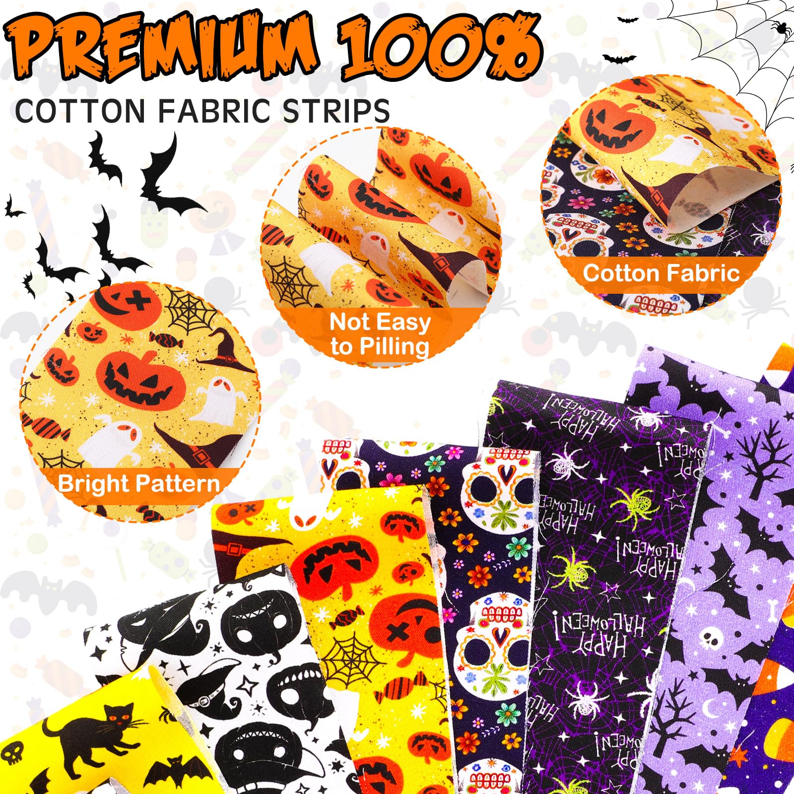 40 Pcs Halloween Cotton Jelly Fabric Roll 40 x 2.6 Inch Quilting Ghost Pumpkin Skull Candy Spider Bat Pre Cut Sewing Fabric Strips Jelly Fabric Roll for Halloween DIY Patchwork Decorations Supplies