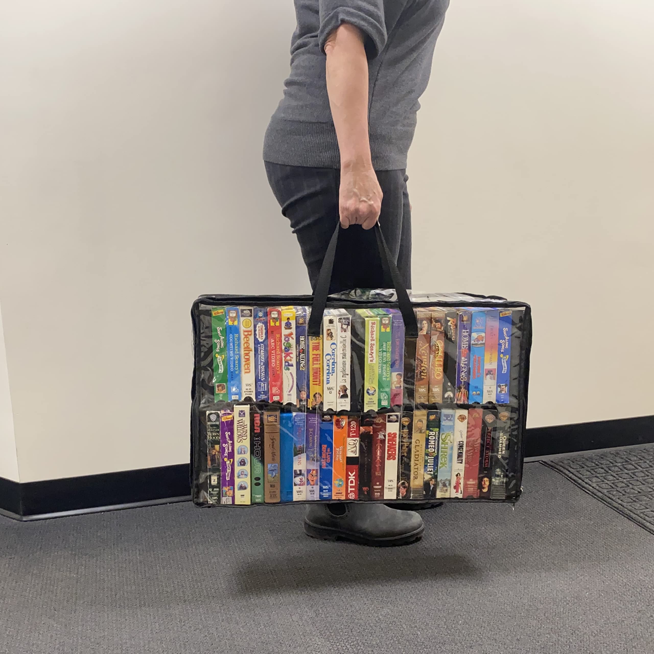 Evelots 4 Pack-VHS Movie Tape Storage Bag/Case, Clear PVC Plastic-Holds 200 Total, Strong Handles-No Dirt/Moisture/Dust