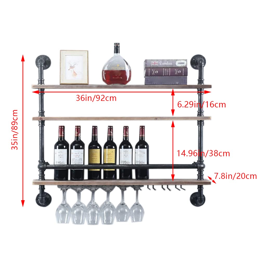 36"Wall Mounted Wine Rack with Shelf &Bottle Glass Holder,Hanging Industrial Pipe Shelves Floating Bar Shelves Rustic Wood Wine Shelf Wall Shelf Storage Unit Shelving Farmhouse Wine Glass Rack