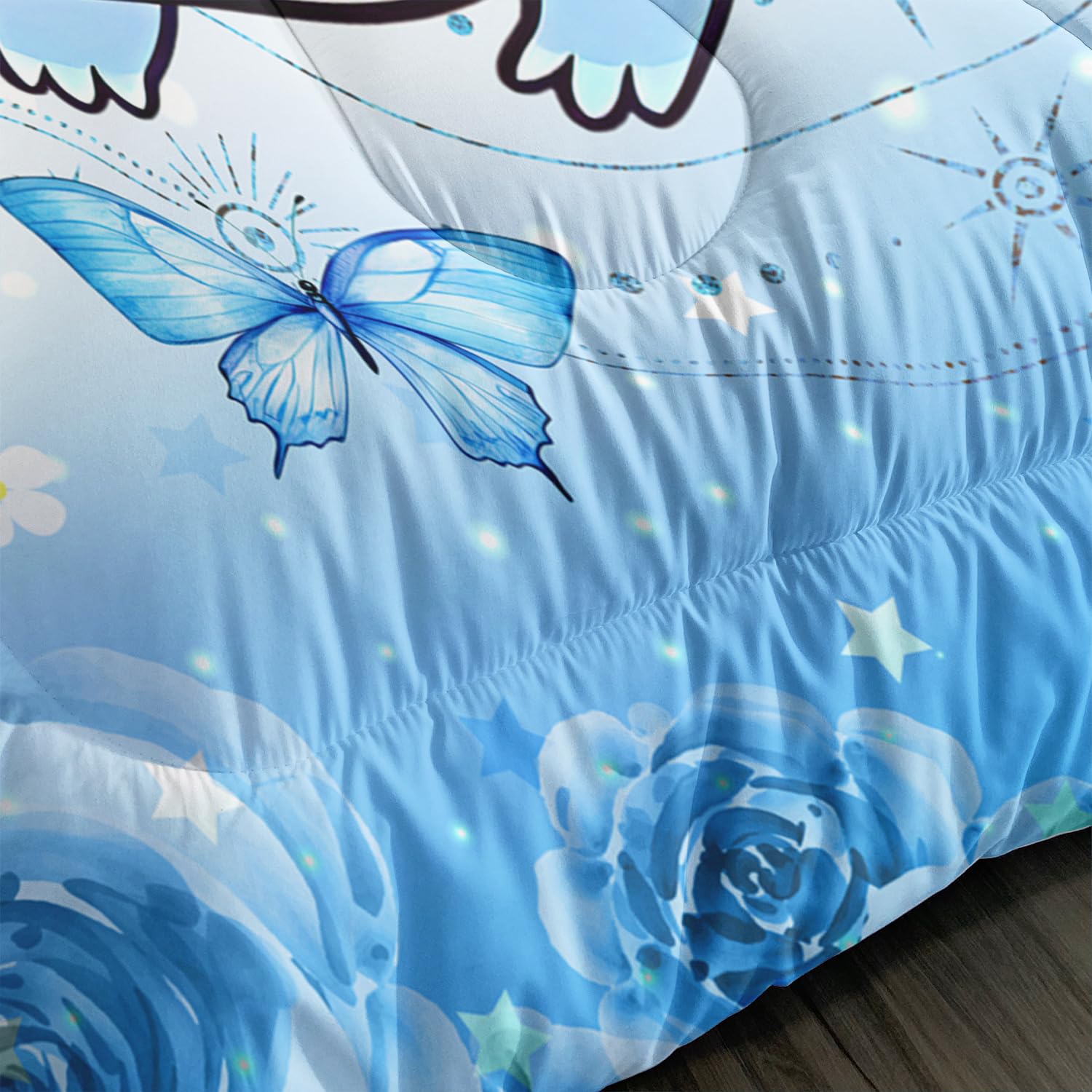 AILONEN Cartoon Axolotl Kids Comforter Set Queen Size, Blue Axolotl Printed Kawaii Bedding Set Girls Bed in a Bag 3 Pieces,Wildlife Animals Axolotl Salamander Comforter with 2 Pillowcases
