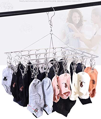 Stainless Steel Sock Drying Rack with 36 Clips, Swivel Hook Wind-Proof Clothes Hanger Rack for Sock, Bras, Underwear, Laundry Accessories