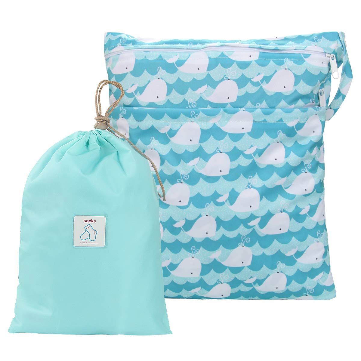 MyKazoe Waterproof Wet Bag Two Zippered Pockets & Multipurpose Drawstring Bag (Blue Whales)