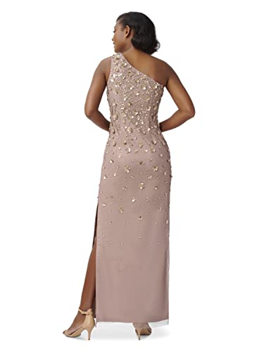 Adrianna Papell Women's One Shoulder Beaded Gown, Stone, 4