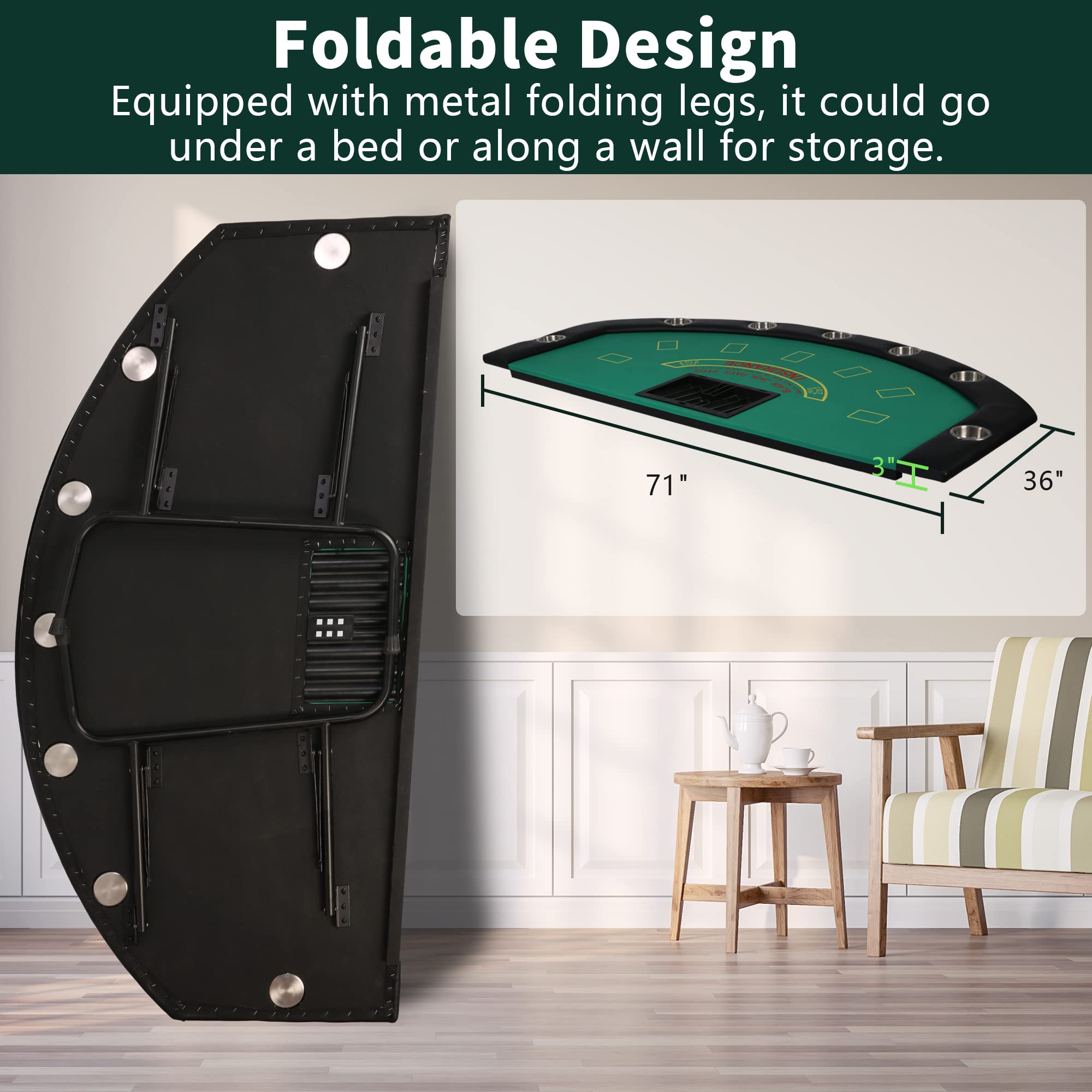 Vilobos 7 Player Blackjack Table with Folding Legs 71'' Casino Game Table Removable Metal Cup Holder Green Felt
