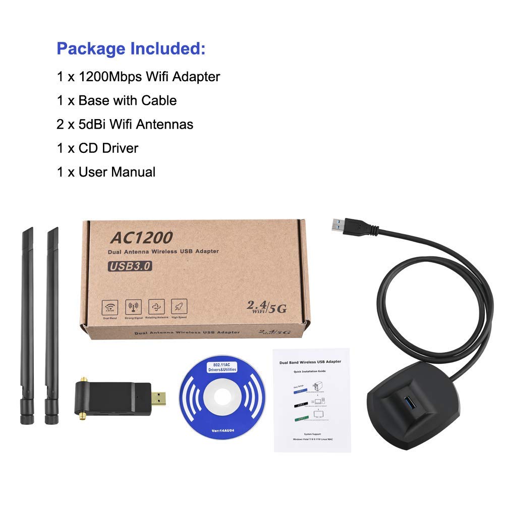 USB WiFi Adapter, 1200Mbps Dual Band 2.4GHz/300Mbps 5.8GHz/867Mbps High Gain 5dBi Antennas USB 3.0 Wireless Network Adapter for PC Desktop Laptop with Windows 10/8/7/XP/Vista, Mac OS, Linux