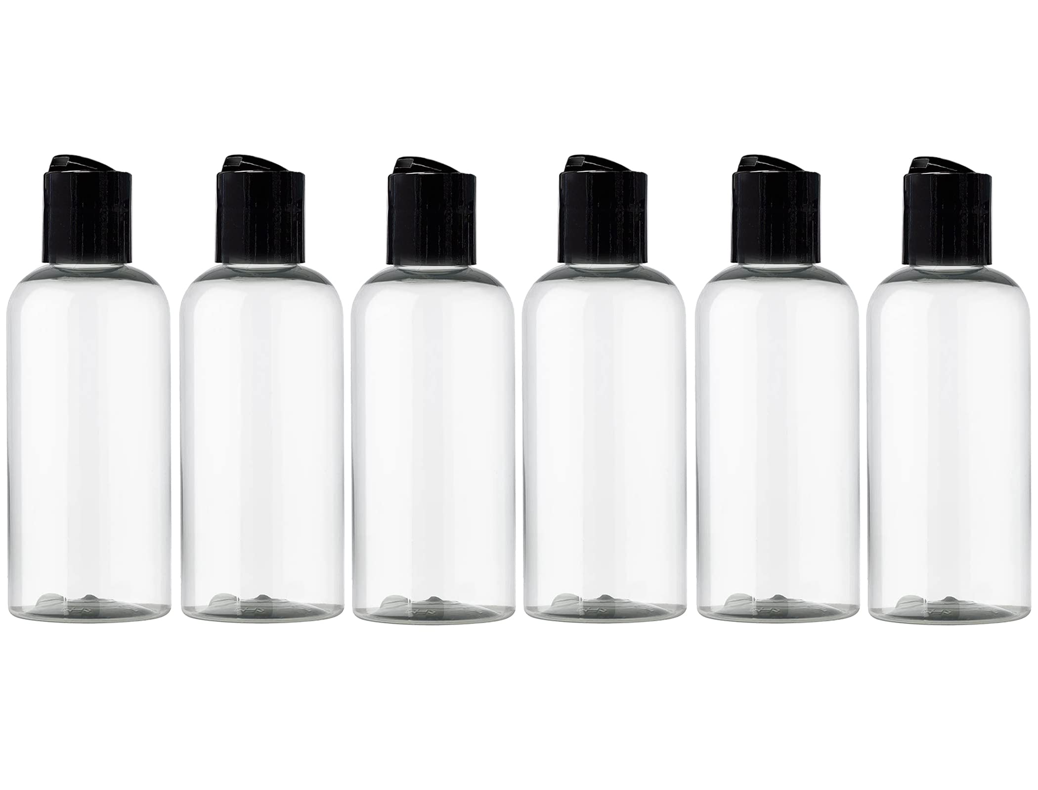 ljdeals 4 oz Clear Plastic Empty Bottles with Black Disc Top Caps, Refillable Cosmetic Containers for Shampoo, Lotions, Cream and more Pack of 6, BPA Free, Made in USA