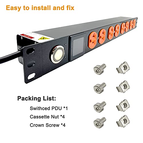 Rack Mount Power Strips 19'' 1U Switched PDU Surge Protection Metered PDU 8 Outlet with High-Precision Measuring Instruments 100-250V 20A with 6ft Heavy Duty Extension Cord (Orange)