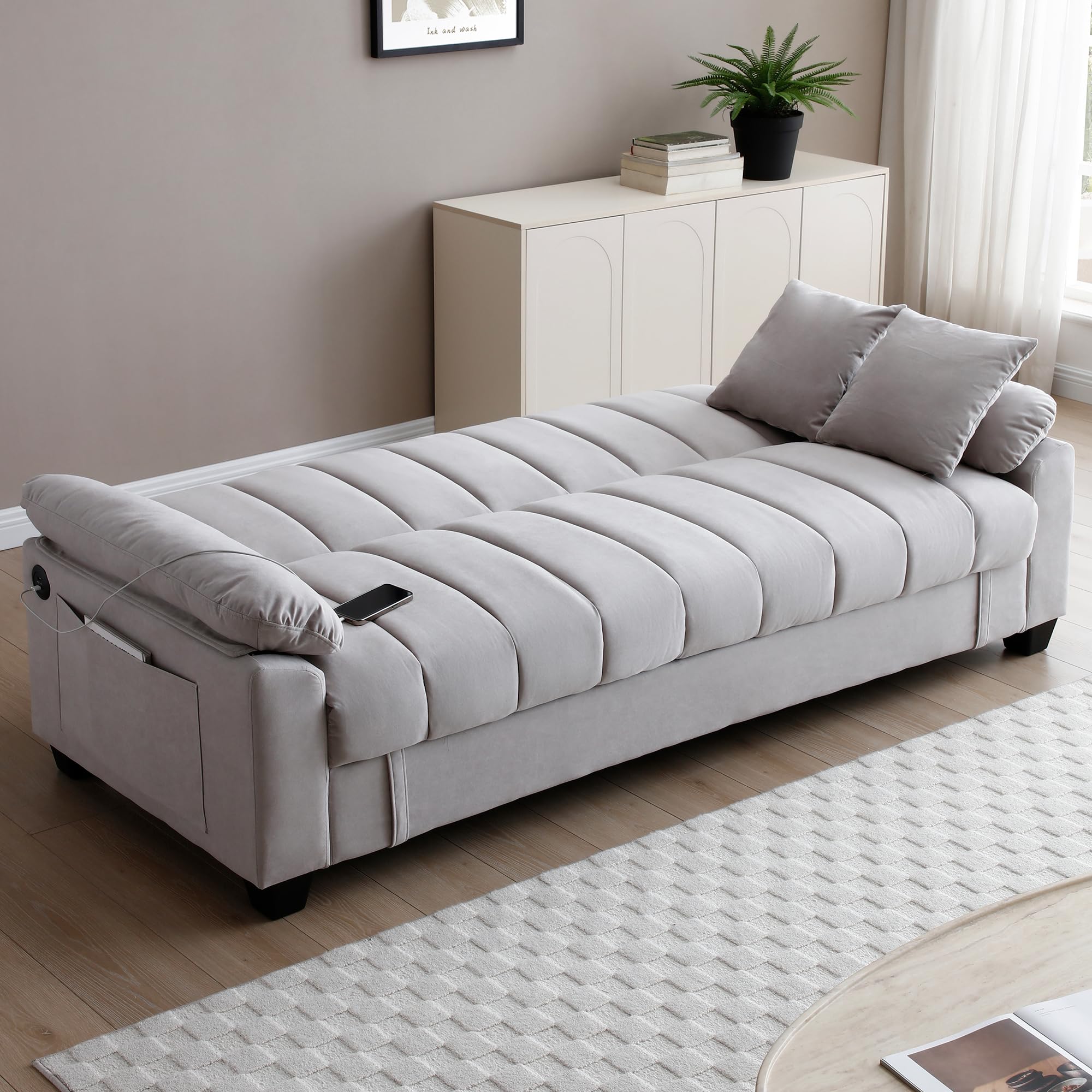 84’’ Convertible Futon for Living Room, Mid-Century Modern Velvet Sofa Bed with Spacious Storage, USB Port & Side Pocket, 3 Level Adjustable Backrest Couch for Small Spaces, Office, Dorm, Pearl Grey