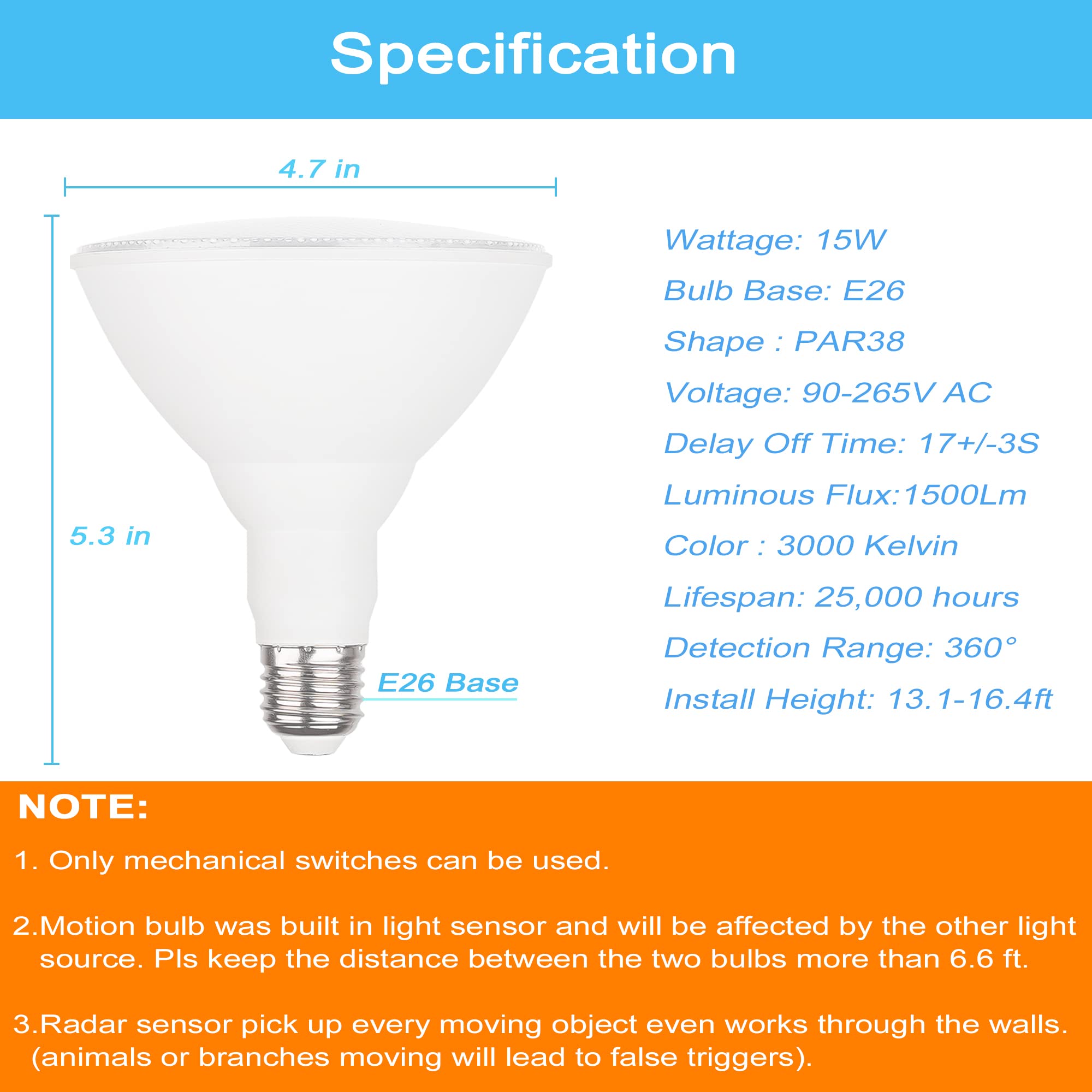 Motion Sensor Flood Light Bulb Outdoor, 15W (100-Watt Equivalent) E26 PAR38 LED Bulb with Radar Detector and Dusk to Dawn Sensor, 1500lm Motion Activated Security Light Bulbs, 3000K Warm White, 2 Pack