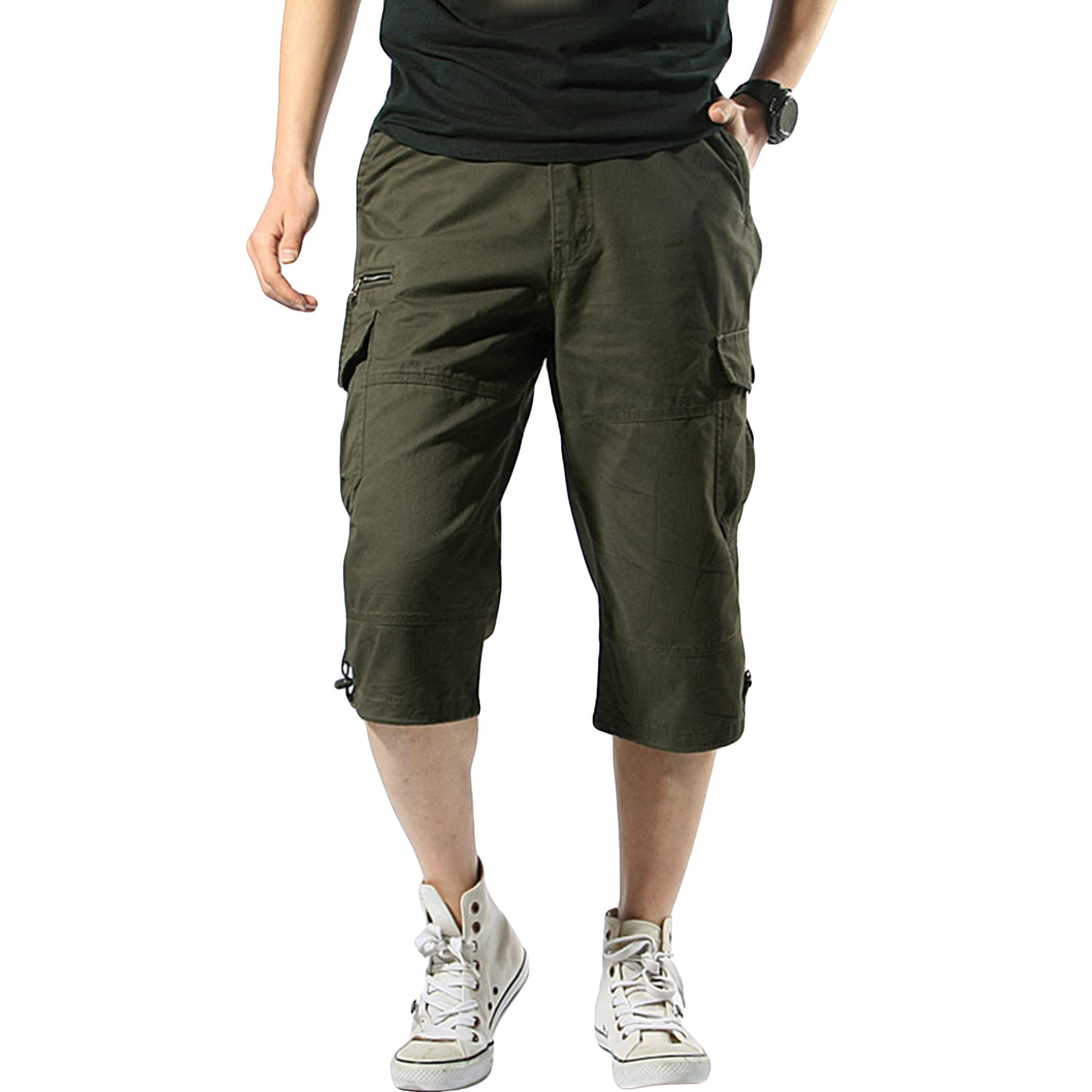 Men's 3/4 Long Cargo Shorts Loose Fit Below Knee Tactical Capri Short Relaxed Fit Short Pants with Multi Pockets (ArmyGreen,X-Large)