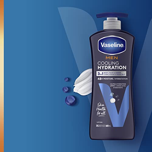 Vaseline Men Cooling Hydration 3-in-1 Face, Hands & Body Lotion for Men for Dry Skin with Menthol & Ultra-Hydrating Lipids 20.3 oz, Pack of 4