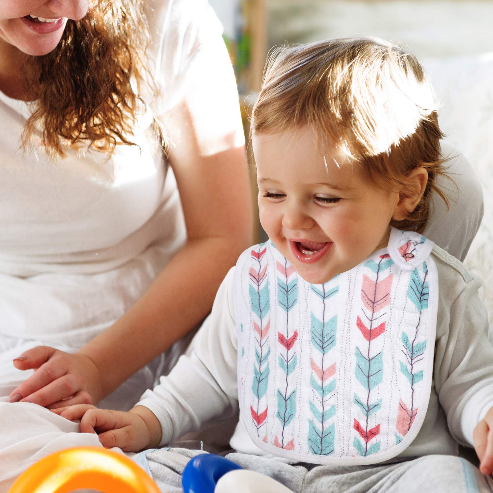 Snap Muslin Bibs for Boys & Girls, 3-Pack Baby Bibs for Infants, Newborns and Toddlers, 100% Cotton Muslin Absorbent & Soft Layers, Adjustable Snaps, Machine Washable, “Simple Joy”