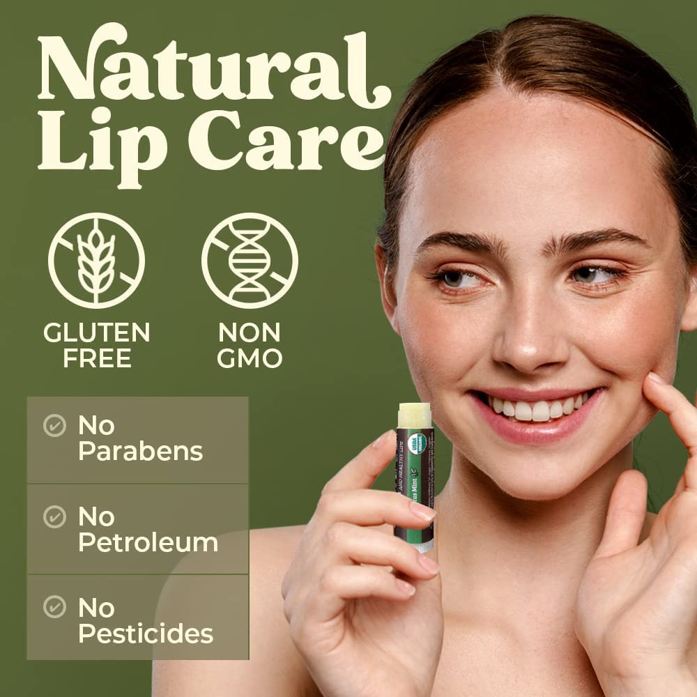 USDA Organic Lip Balm 4-Pack by Earth's Daughter- Eucalyptus Mint Flavor, Beeswax, Coconut Oil, Vitamin E - Best Lip Repair Chapstick for Dry Cracked Lips.