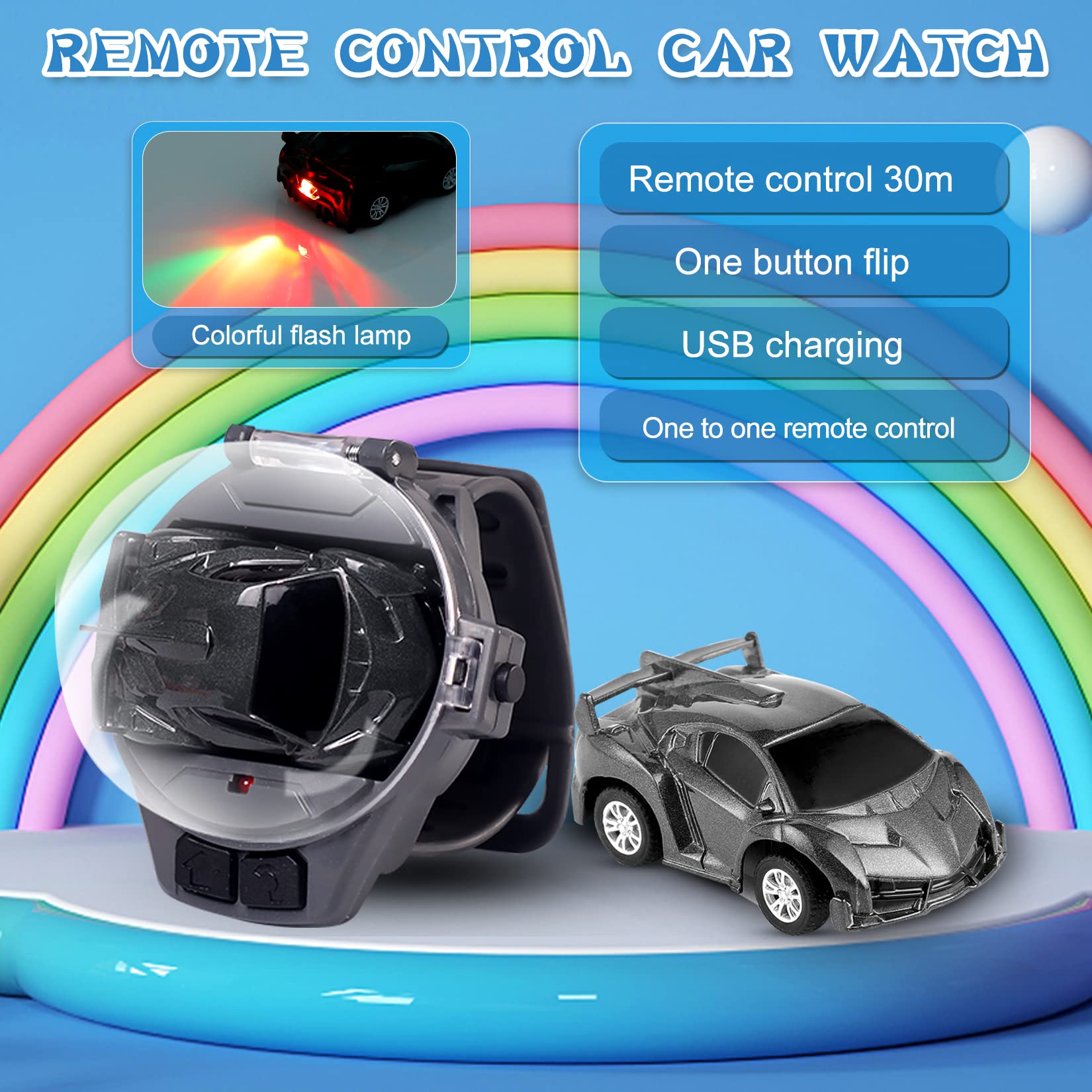 2PCS Mini Remote Control Car Toy, 2.4 GHz Watch Wrist Hand Controlled Racing Car with USB Charging, RC Toys for Boys and Girls (Grey + Blue)