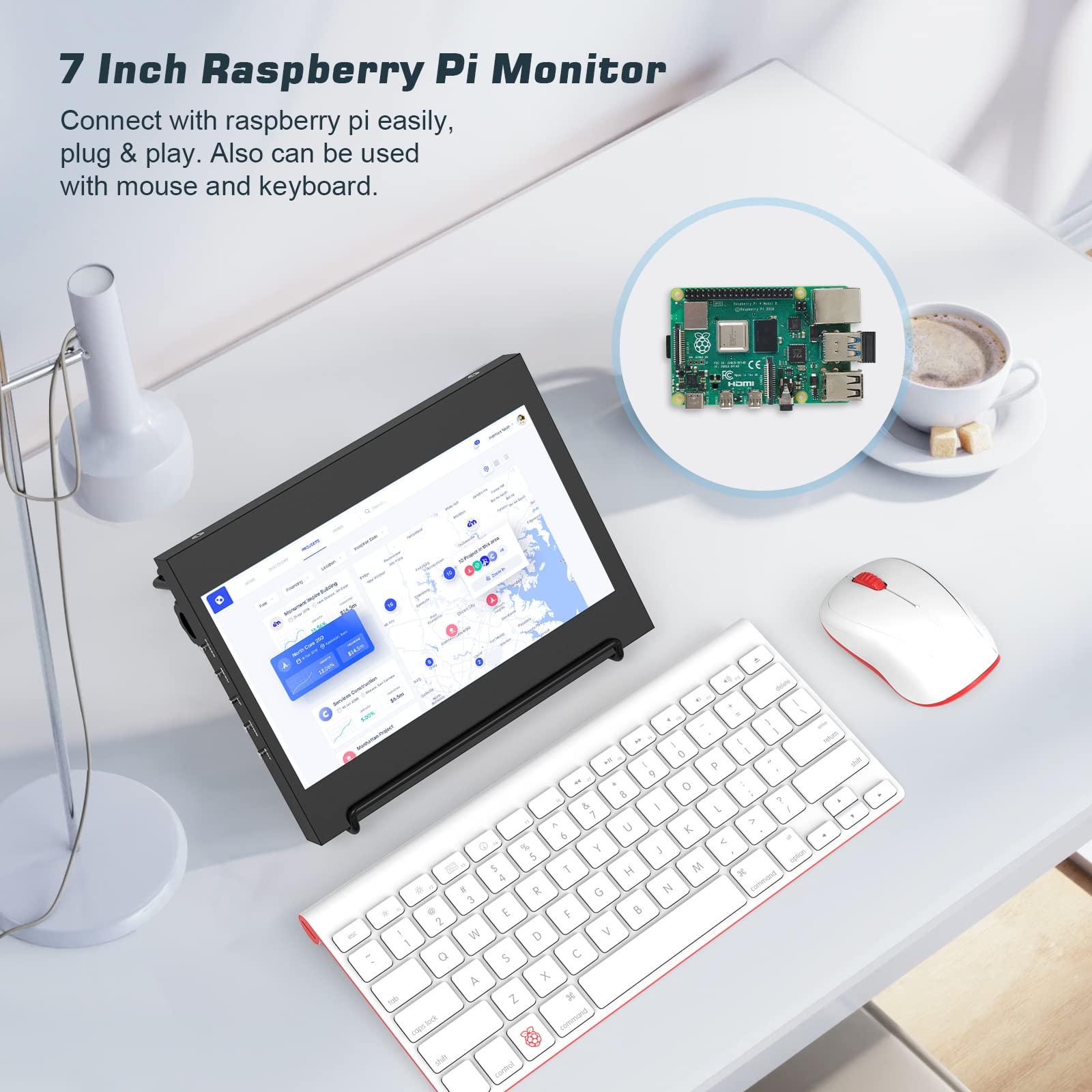 APROTII RasPi Touchscreen Monitor, 1024X600 7" IPS RasPi Screen with Case, Capacitive Touch Screen Display USB/HDMI for PC Phones RasPi 4B 3B+ 3B 3A+ 2B B+ (with Stand)