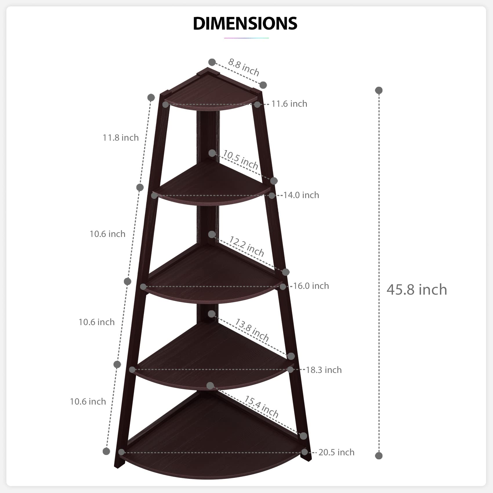Corner Shelf, TopMade 5-Tier Corner Shelf Stand Industrial Ladder Bookcase Small Storage Rack Bookshelf Float Corner Shelves Wood Furniture Plant Stand for Living Room Kitchen Home Office-Rustic Brown