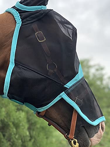 TGW RIDING Horse Mask Full Face Mesh Mask Fine Mesh with Ears and Long Nose (Cob, Black/Turquoise)