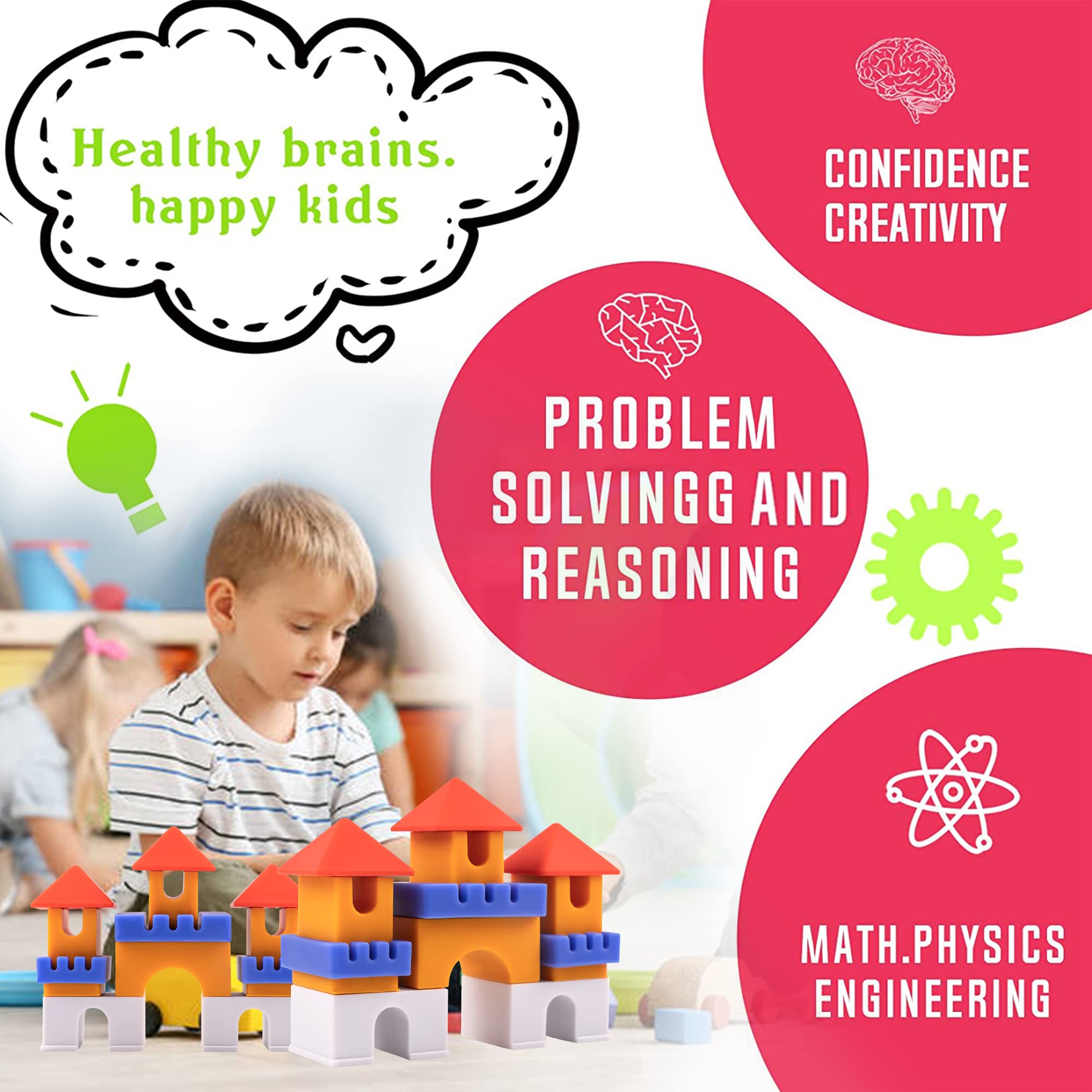 CHIN FAI Silicone Stacking Blocks, 12 PCS Baby Soft Castle Building Blocks - Montessori Kids Stacking & Nesting Toys for Babies 6 Months and up (Red)
