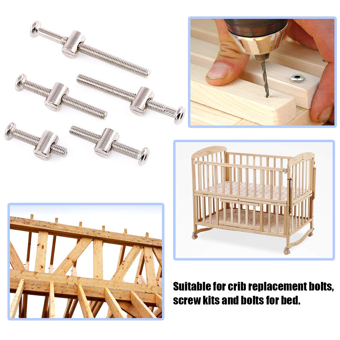 Glarks 100Pcs M6 x 35/45/55/65/75mm Hex Drive Socket Cap Furniture Barrel Screws Bolt Nuts Assortment Kit for Furniture, Cots, Babybeds, Crib, Chairs - Nickel Plated
