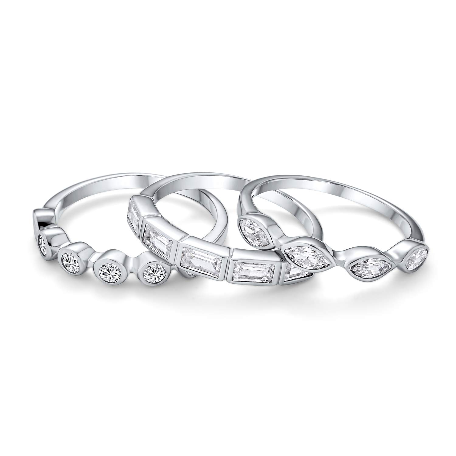 3 Set Geometric Cubic Zirconia Baguette Marquise Round CZ Stackable Wedding Band Ring Set For Women .925 Sterling Silver