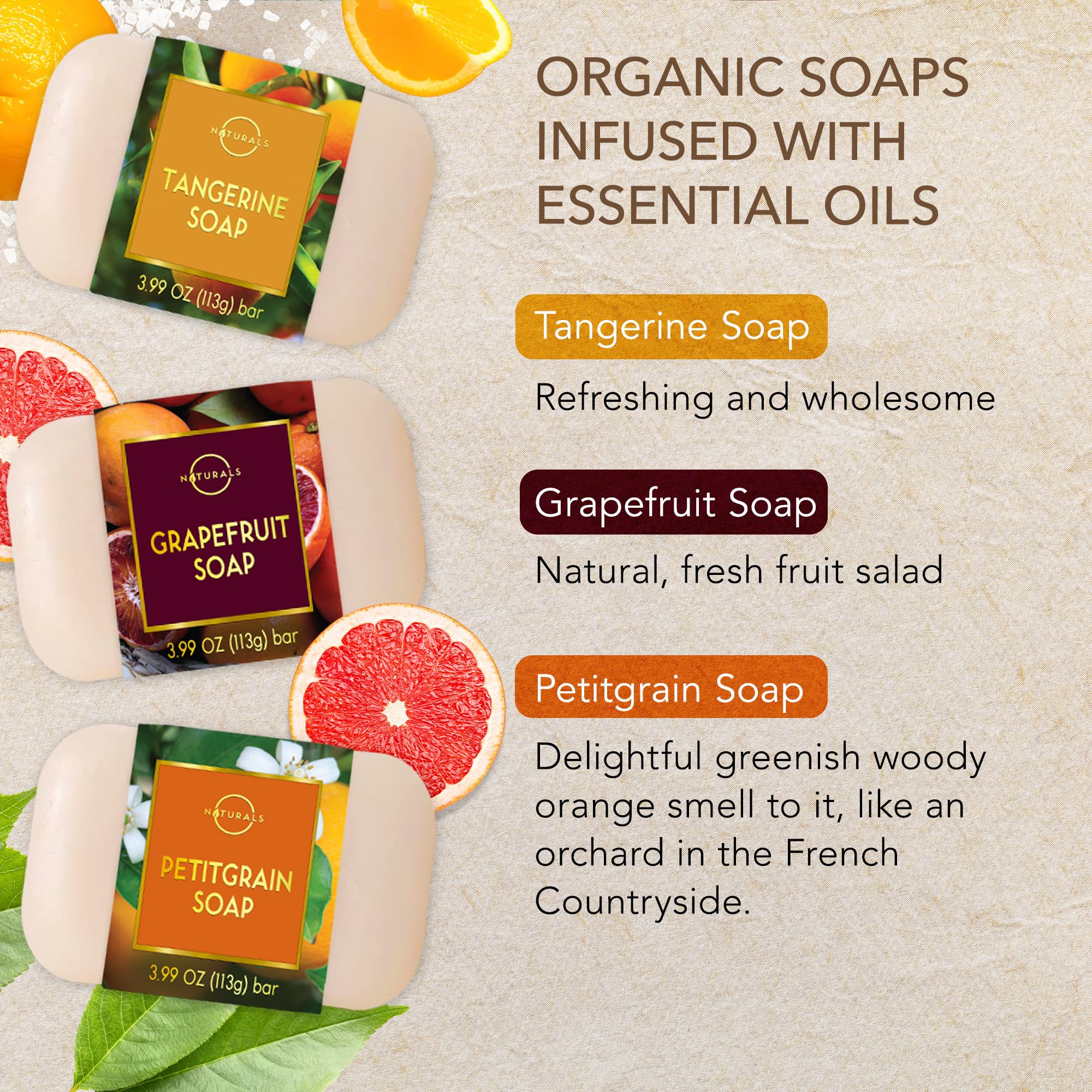 O NATURALS 100% Natural Bar Soap - Assorted 6 PCS Soap Gift Set - Organic Ingredients & Essential Oils - Spa Gifts for Women & Men, Body Wash Soap Bar & Face Soap - Moisturizing Organic Citrus Soap