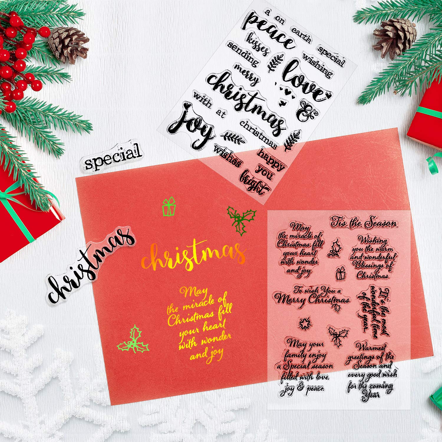 4 Pieces Words Christmas Clear Stamps Set Silicone Christmas Greeting Stamps Sentiments Merry Christmas Crafts Stamps Acrylic Stamp Blocks Tools with Grid Lines for Card Making Decor DIY Scrapbooking