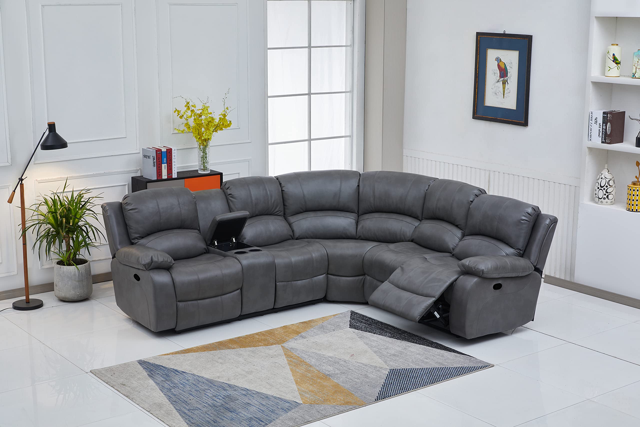 Betsy Furniture Bonded Leather Sectional in Multiple Colors, Sectional with 3 Reclining Seats, Console (Grey, Left Console Sectional)