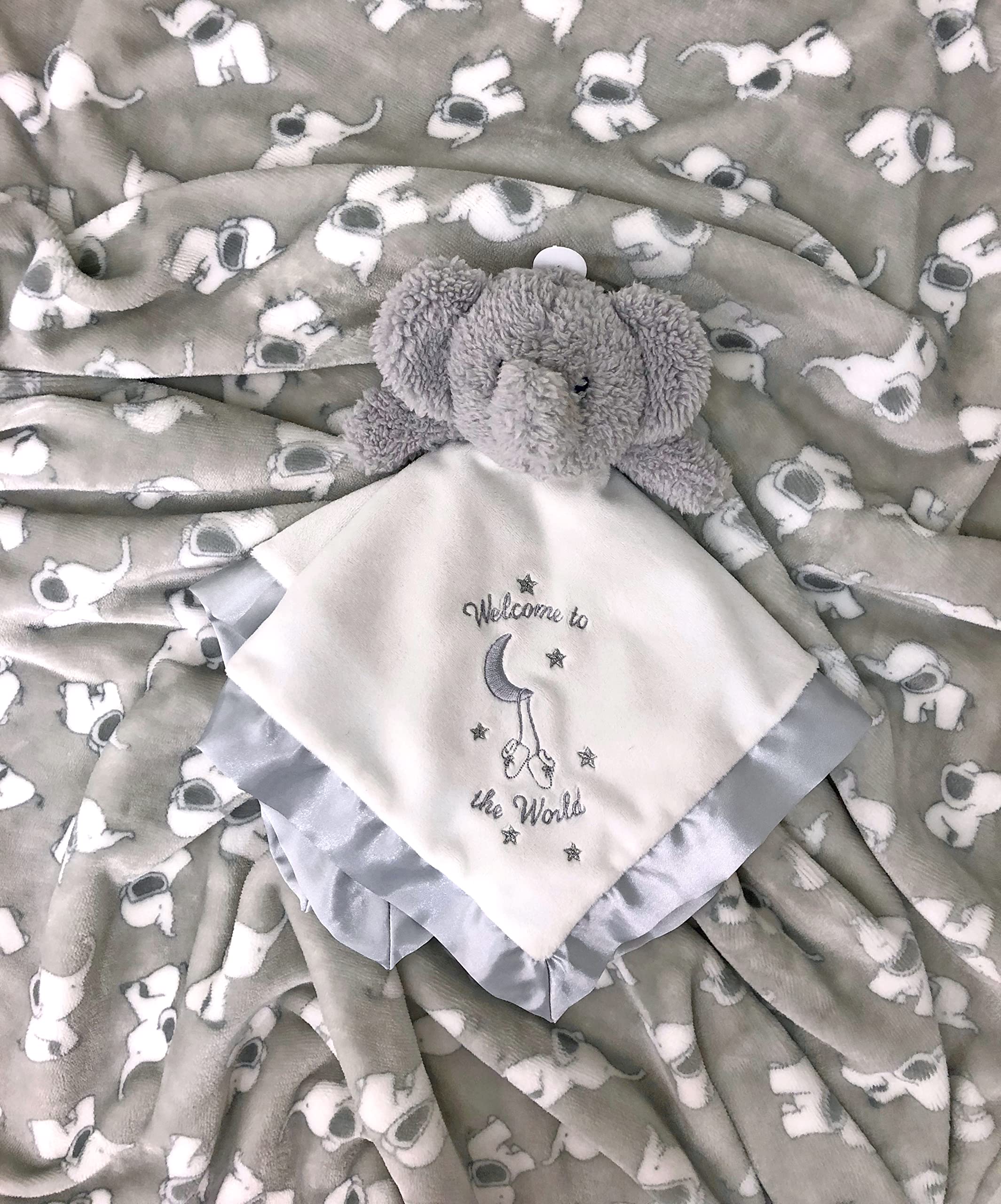 SHAKLAK Plush Rattle Baby Snuggle Blanket with Embroidery and Satin, White and Grey Elephant