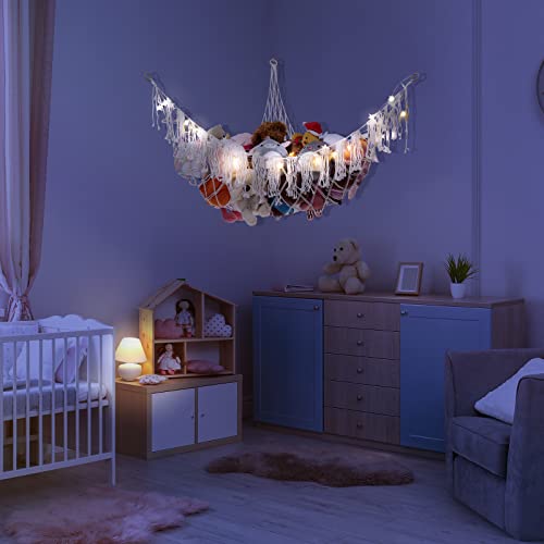 CUHIOY Toy Hammock for Stuffed Animals Large, Toy Storage Net Fits 40 Teddy Bears with Lights, Kids Mesh Hanging Nursery Organizer, Plush Toys Holder on Bedroom Wall Corner Decoration( Beige)|64x 64x 45 Inch