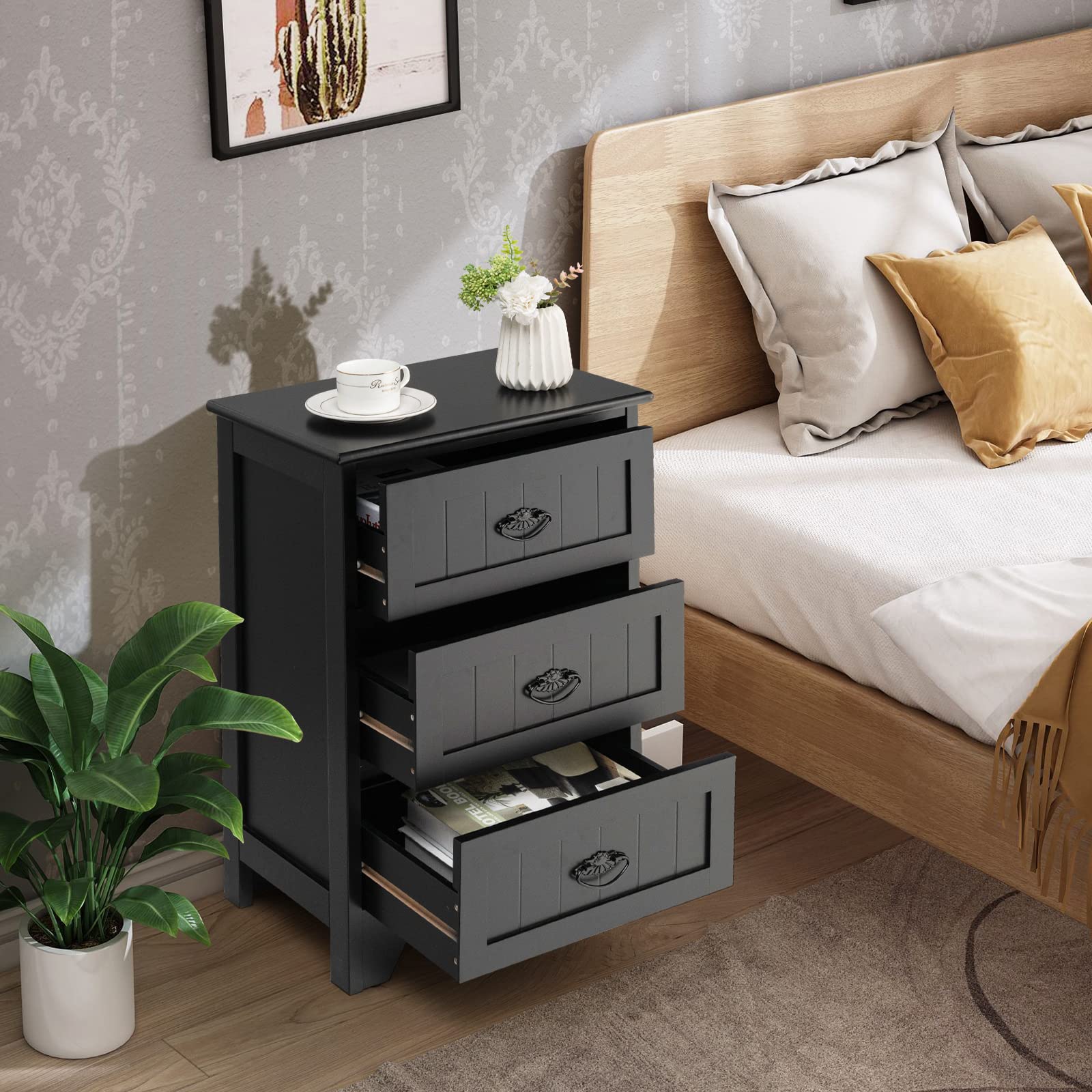Giantex Nightstand with 3 Drawers, Bedside Table with Exquisite Metal Handles, Accent Table Sofa Side Table with Anti-toppling Device for Bedroom, Study, White