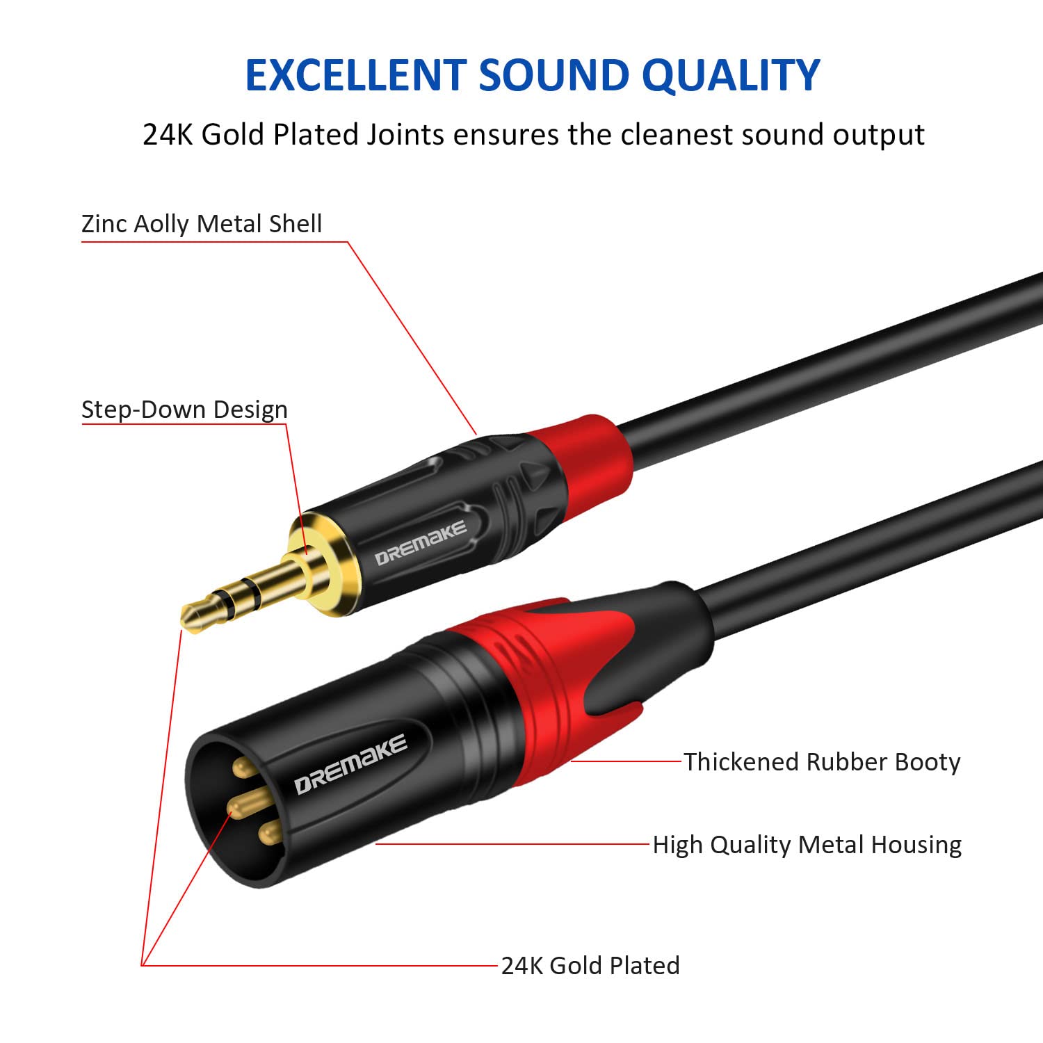 DREMAKE Male XLR to 3.5mm Audio Stereo Cable 3FT, Unbalanced 3.5mm to 3-Pin XLR Male Microphone Cable, Jack 3.5mm 1/8'' to XLR Patch Cable for Computer, Video Camera, Equalizer, Powered Amplifier