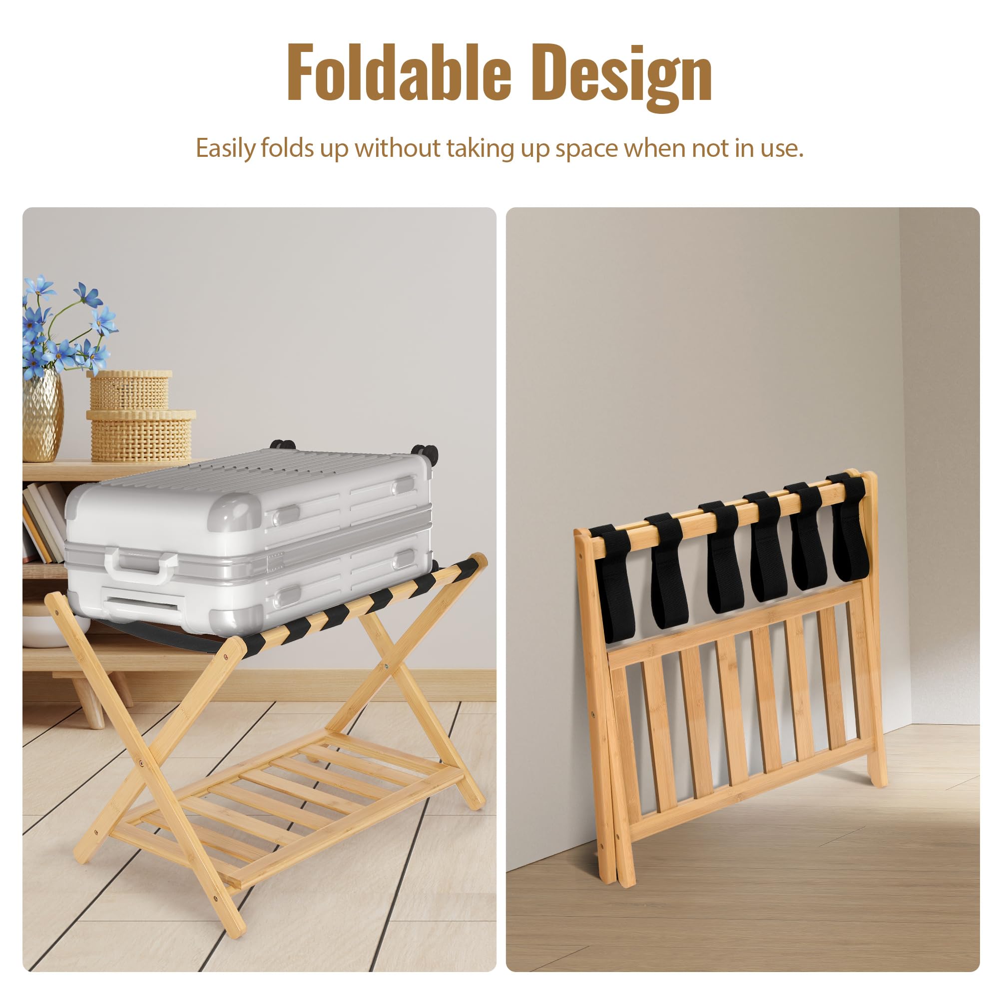 Lynxor 2-Pack Folding Luggage Racks, Foldable Bamboo Suitcase Stand with Storage Shelf, Luggage Holder with 6 Nylon Straps for Hotel Guest Room Bedroom, Nature 2Pcs