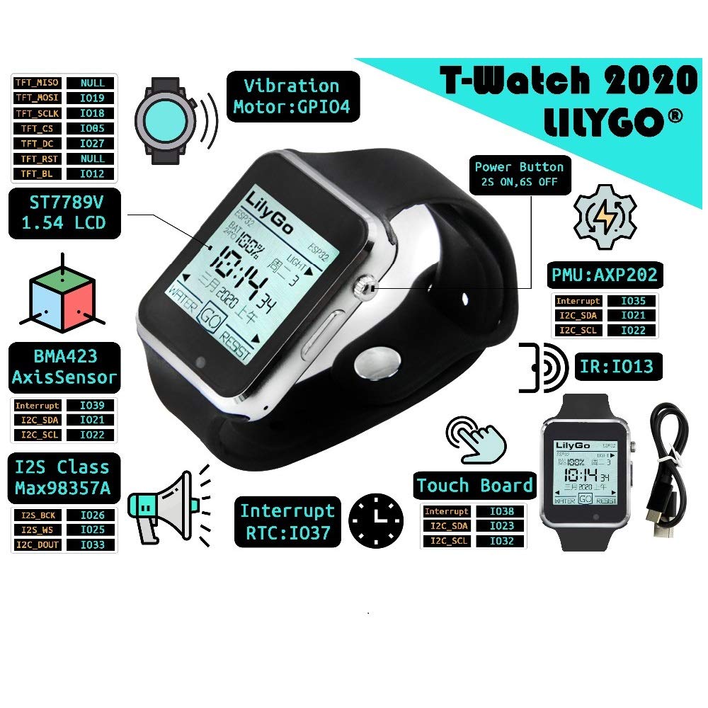youyeetoo ESP32 T-Watch-2020 with 1.54 Inch Touch Display and programmable Wearable Environmental Interaction