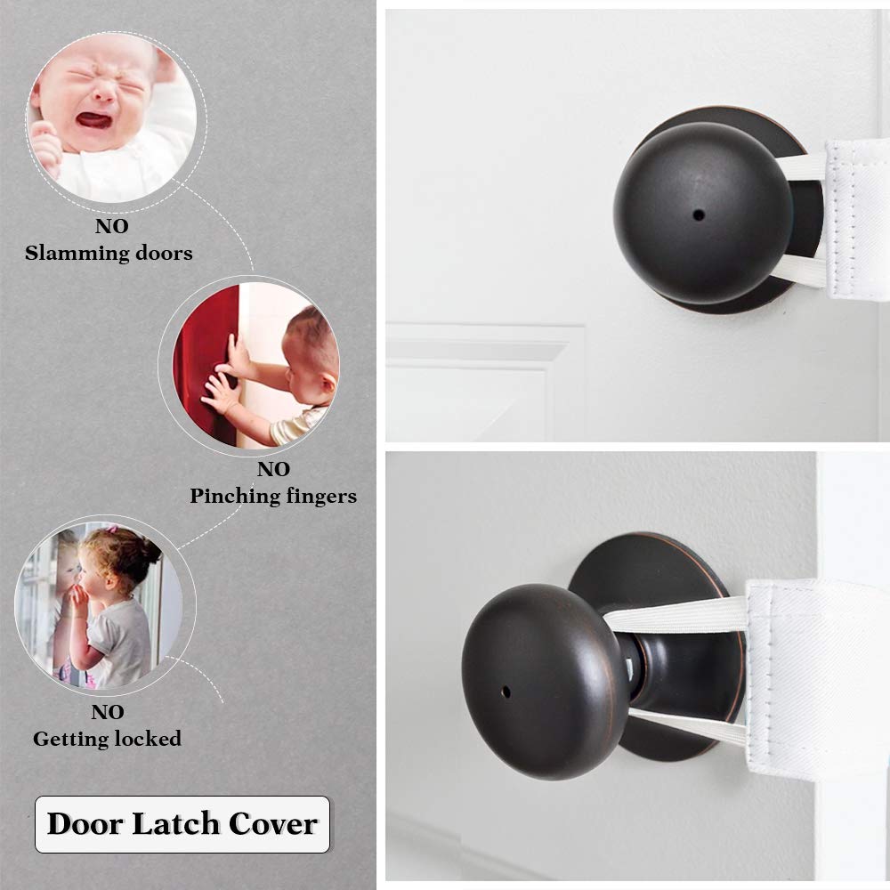 PONY DANCE Baby Door Latch Cover Closer - Nursery Door Silencer with Strong Elastic Straps, Thick Solid Cushion for Noise Reduction, Prevents Slamming, 3 Pieces, 4W x 2L Inches, Pure White