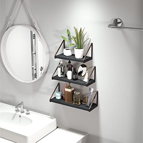 Love-KANKEI Floating Shelves Rustic Shelves Wall Mounted Set of 3 Wall Storage Shelves for Living Room, Bedroom, Kitchen Black/Brown Brackets