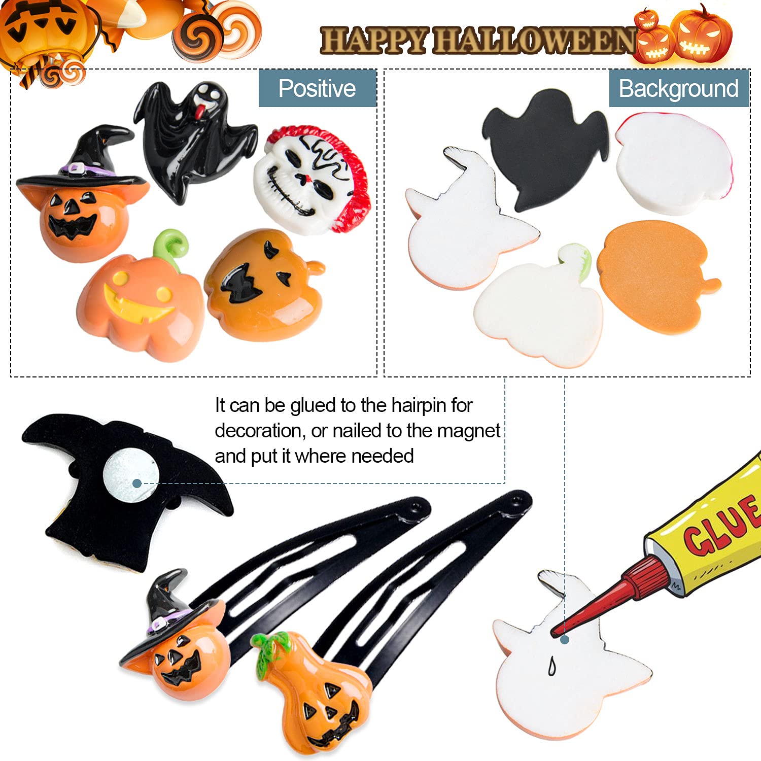 50PCS Halloween Slime Charms Kalolary Halloween Resin Flatback Charms Pumpkin Ghost Spider Skull Embellishments Ornaments Kawaii Halloween Buttons Miniatures for Craft Scrapbook Phone Case DIY Making