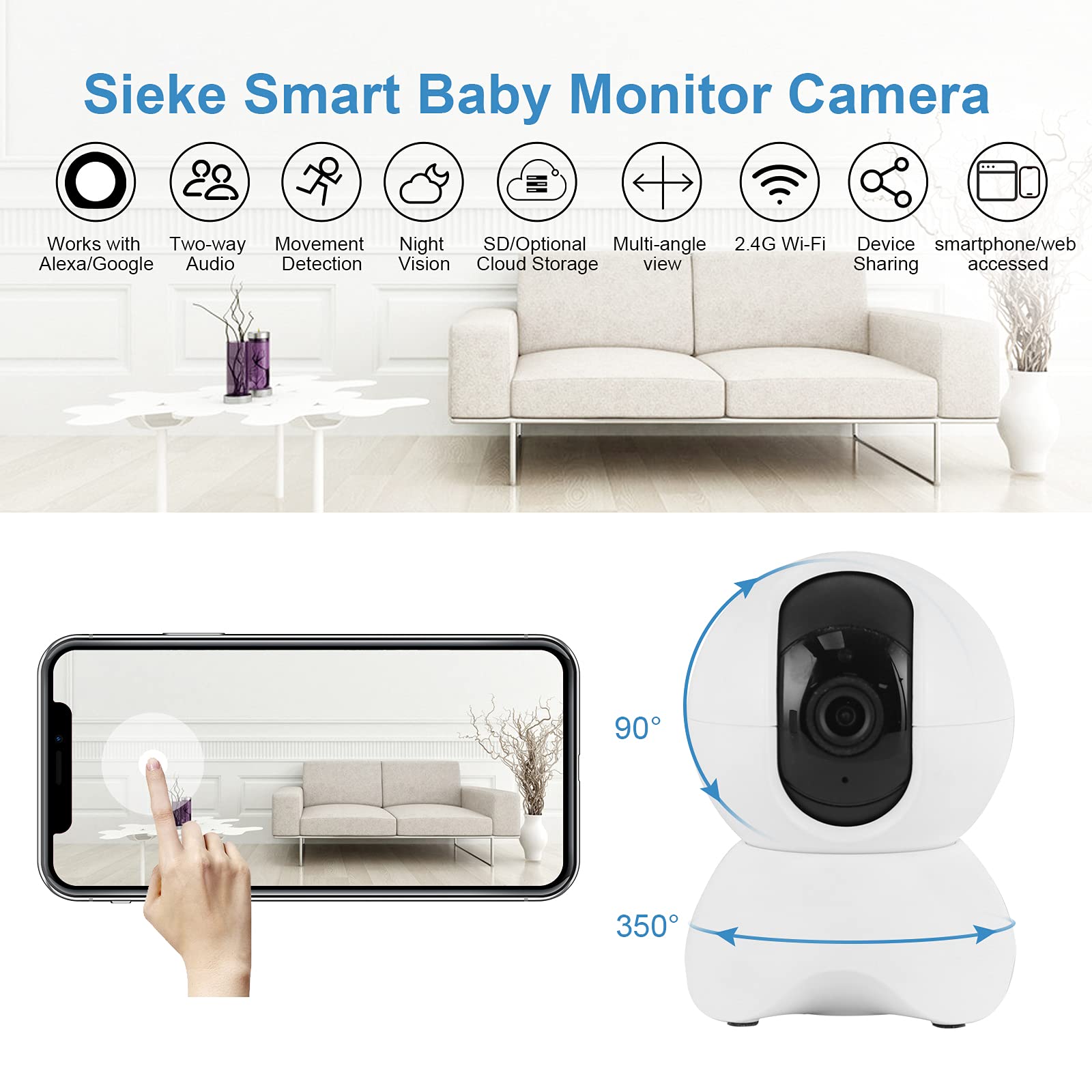 Sieke 1080P Smart Two-Way Audio Video Baby Monitor Camera Phone Access with Movement Sensor Night Version Infrared Camera Work with Amazon Alexa Echo and App for Baby, Pets, Elderly