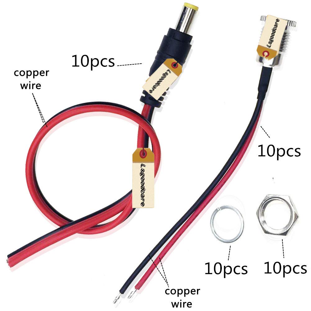 Lsgoodcare 20Pcs 5.5 x 2.1 MM DC Power Jack Socket Dc099 30V Threaded Female Mount Connector Adapter with Cable & 5.5mm x 2.1mm 12V Pure Copper Male DC Power Pigtail Cable