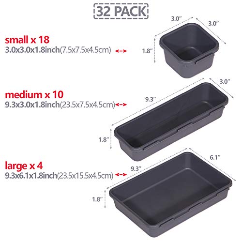 TENABORT 32 Pack Interlocking Desk Drawer Organizer Tray Dividers Plastic Shallow Narrow Drawers Organizers Separators Storage Bins Container for Kitchen Bathroom Makeup Office Vanity Dresser