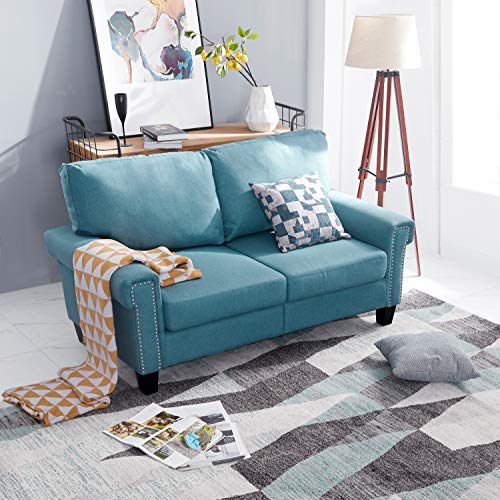 Traditional Upholstered 61 Inch Fabric Loveseat Couch Sofa for Living Room with Sturdy Wood Frame Construction, Single, Blue