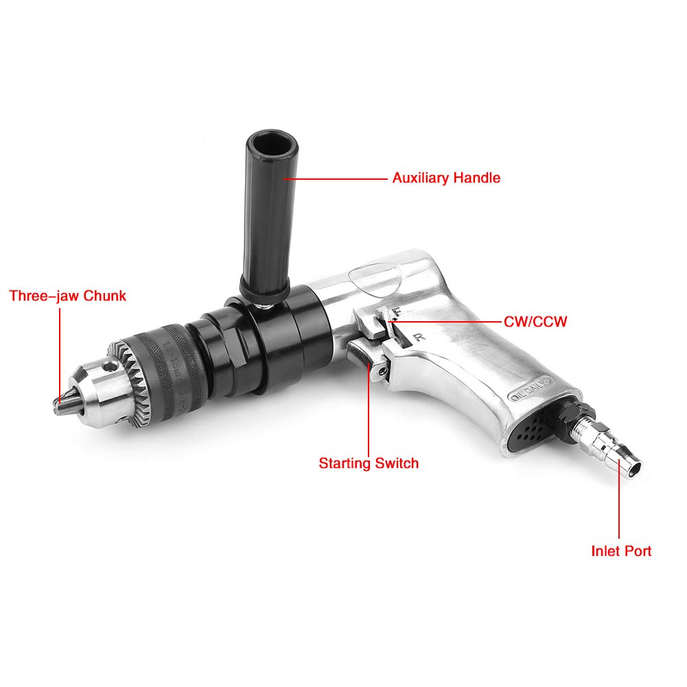 Air Drill 1/2,Pneumatic Air Drill, 900rpm CW/CCW Handle Type Reversible Variable Speed Drilling Tool Engraving Grinder with 360°Reversible Handle for Machinery Production, Furniture, Hardware