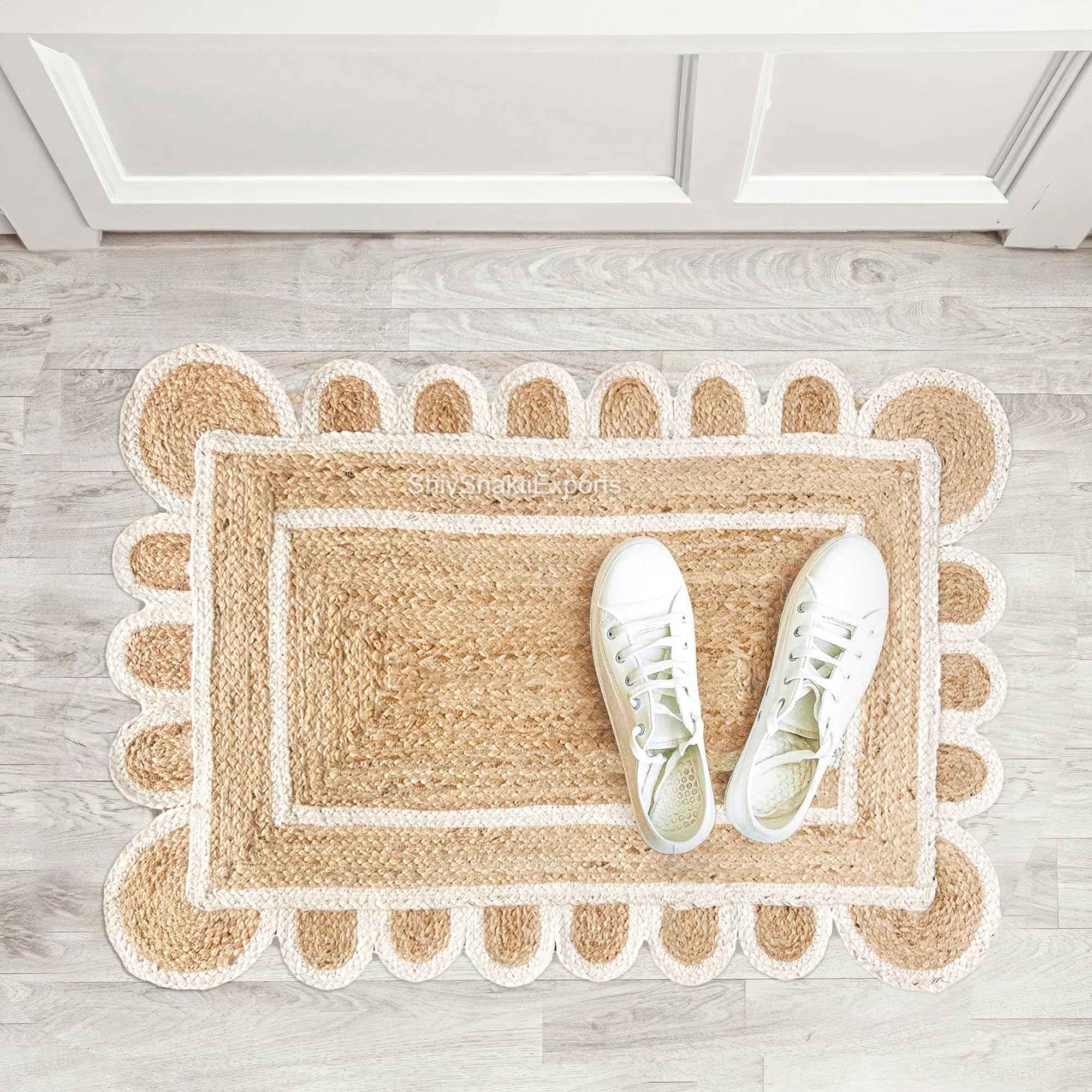 Shiv Shakti Exports White Scalloped Natural Jute Area Rug, Natural Base Off White Trim (2x3 Feet / 61x92 Cm)