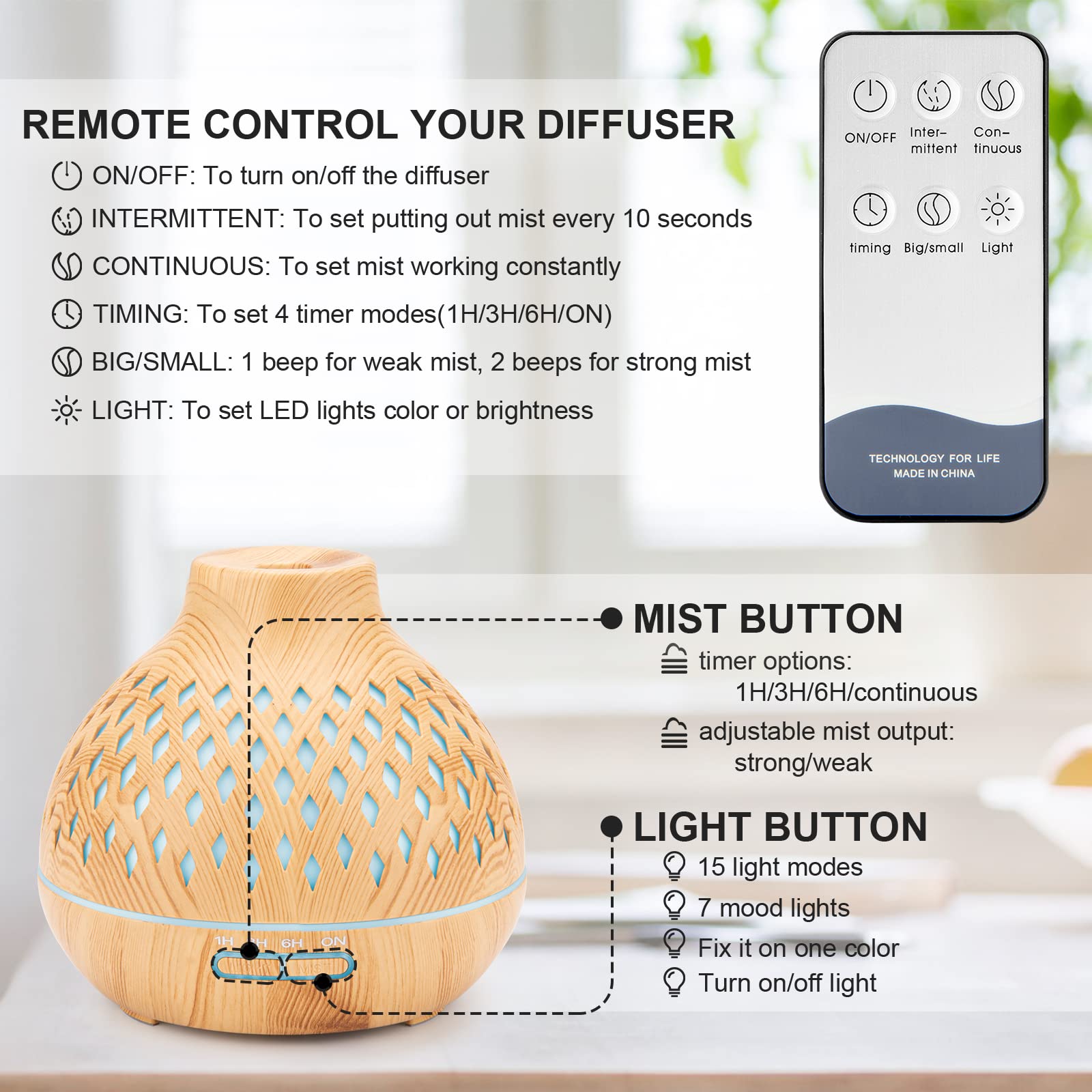 400ML Essential Oil Diffuser,Cool Mist air Scent Humidifier,Aromatherapy Diffuser with Remote Control Included and Waterless Safety Switch ,14 LED Colors for Large Room,Home
