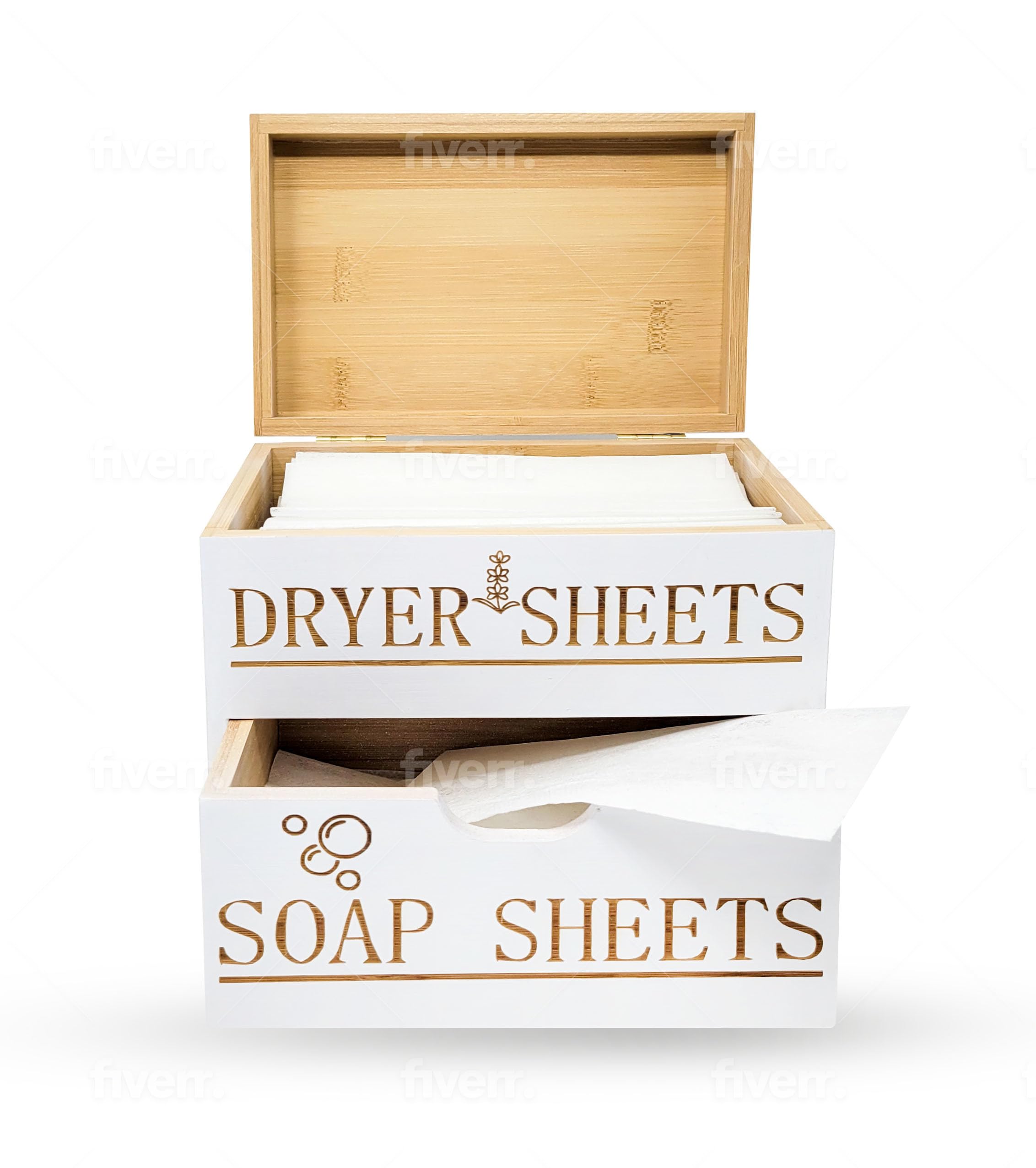 ALLNEY HOME Wood Box Dryer Sheet Holder and Detergent Dispenser drawer, Natural Wood and Sustainable Storage Box, Rustic White Farmhouse Finish, Large Capacity Laundry Room Organizer