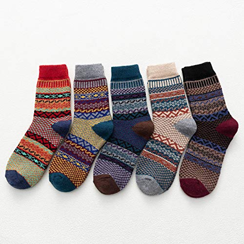 5 Socks Vintage Womens Winter Socks Pack Warm Knit Cold Wool Soft Socks Clothes (Black,Gray,White,Blue,Red-1, One Size)