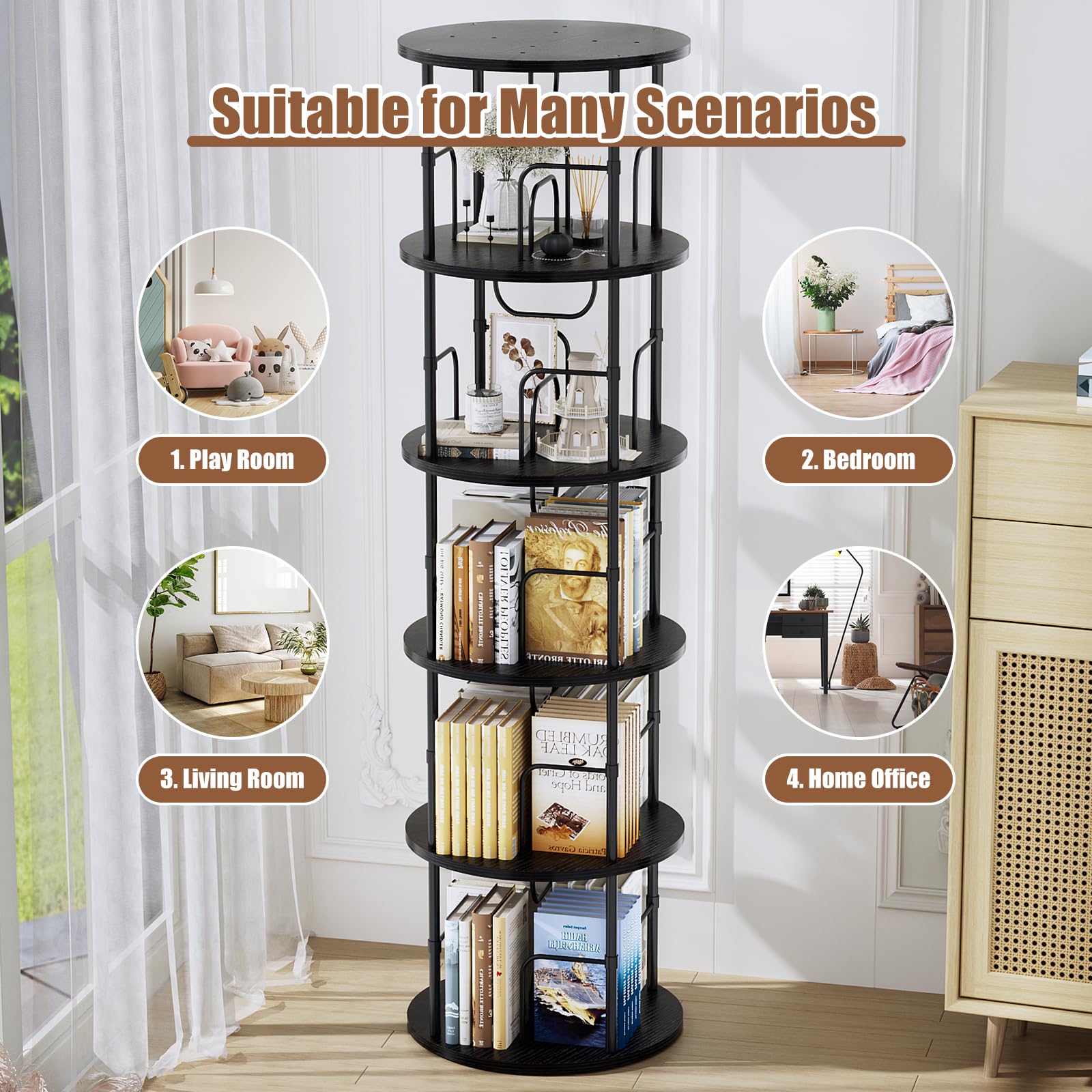 ALLSTAND 5 Tier Rotating Bookshelf, 360 ° Display Stackable Spinning Bookshelf Tower, Corner Bookshelf Tall Floor Standing Swivel Bookcase Narrow Storage Organizer for Bedroom, Living Room, Black