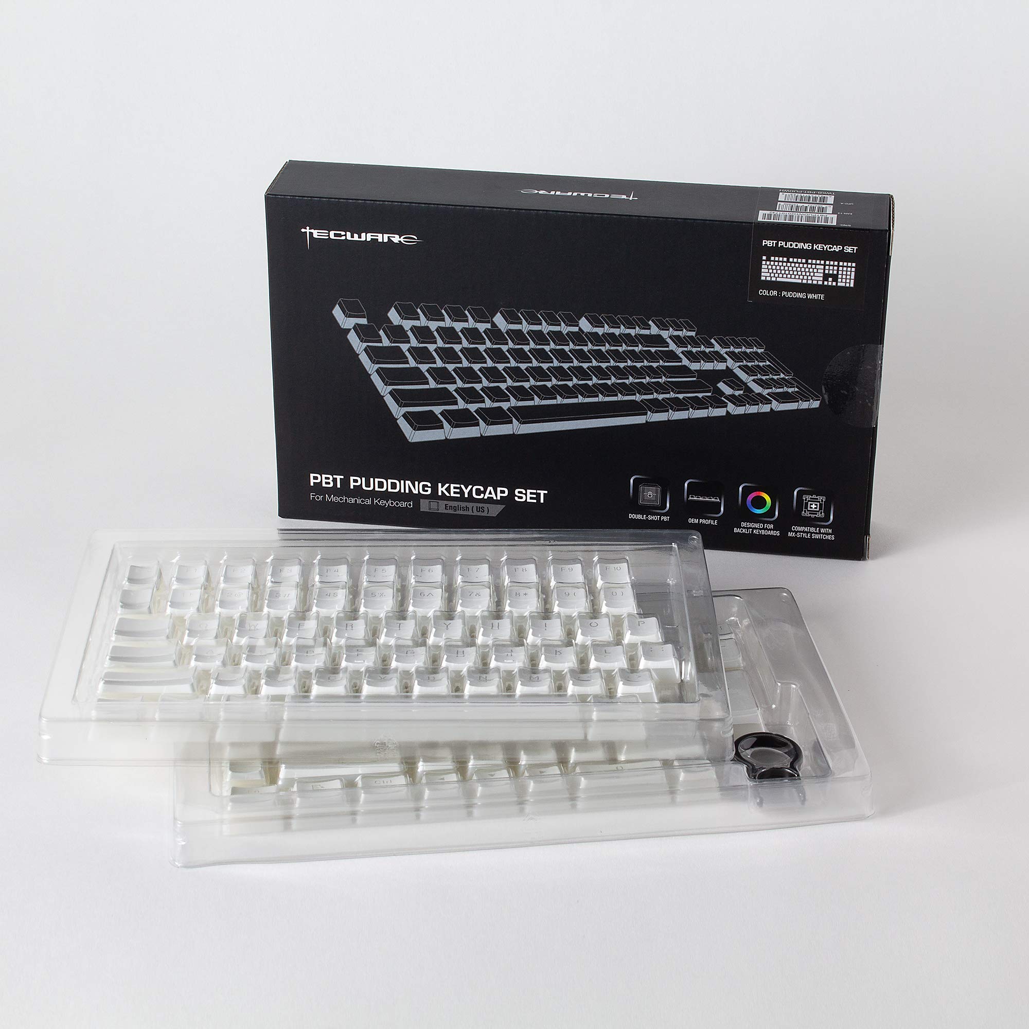 TECWARE Pudding PBT Keycaps Set with Keycap Puller - Full Keys 112 Keys, Double-Shot for Mechanical Keyboards, OEM Profile, Clear and White Jelly-Style Gaming Keycaps, for Phantom Phantom+ (US, ANSI)
