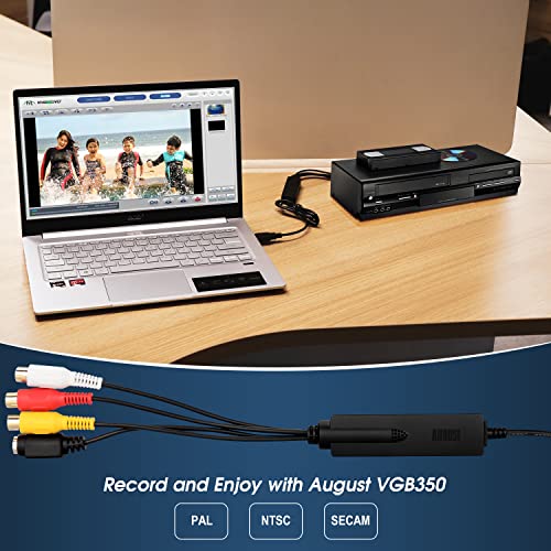 USB Video Capture Card Grabber - August VGB350 - Transfer VHS Mini DV Hi8 DVD to Computer for Windows 11,10,8,7, Composite S-Video, PAL/NTSC/SECAM, Convert Video from VCR & Camcorder